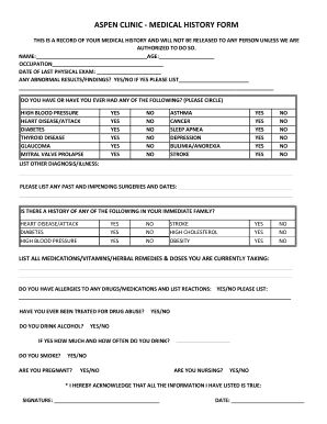 Fillable Online ASPEN CLINIC - MEDICAL HISTORY FORM Fax Email Print ...