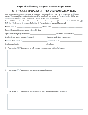 Fillable Online 2016 PROJECT MANAGER OF THE YEAR NOMINATION FORM Fax ...