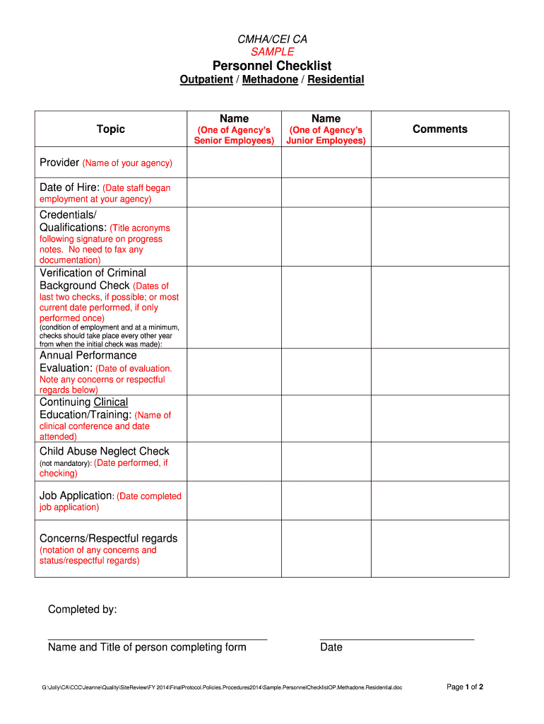 Fillable Online CMHACEI CA SAMPLE Personnel Checklist Outpatient Fax ...