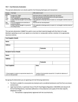 Fillable Online FWe BL Dairy Pigs Chickens - Feed Warranty Declaration ...