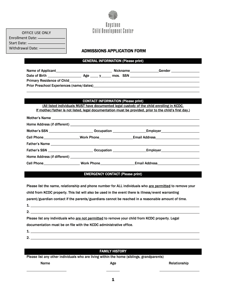 Fillable Online Withdrawal Date ADMISSIONS APPLICATION FORM Fax Email ...