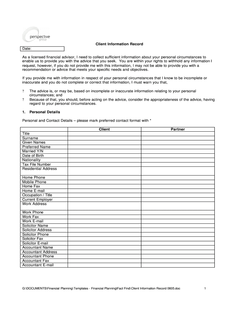 Fillable Online Client Information Record 0605PDF Fax Email Print ...