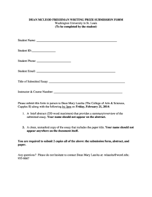 Fillable Online cenhum artsci wustl DEAN MCLEOD FRESHMAN WRITING PRIZE ...