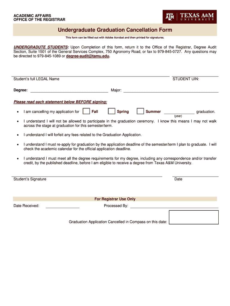 Fillable Online registrar tamu Undergraduate Graduation Cancellation Form - Office of the Fax ...