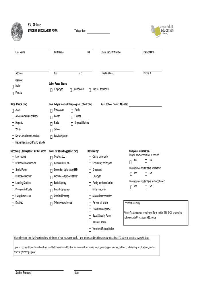 Fillable Online Esl Online Enrollment formxlsx Fax Email Print - pdfFiller