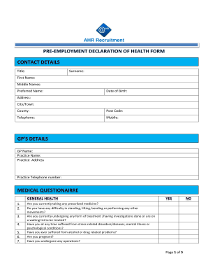 Fillable Online athr co Ahr Pre-employment Declaration of Health ...