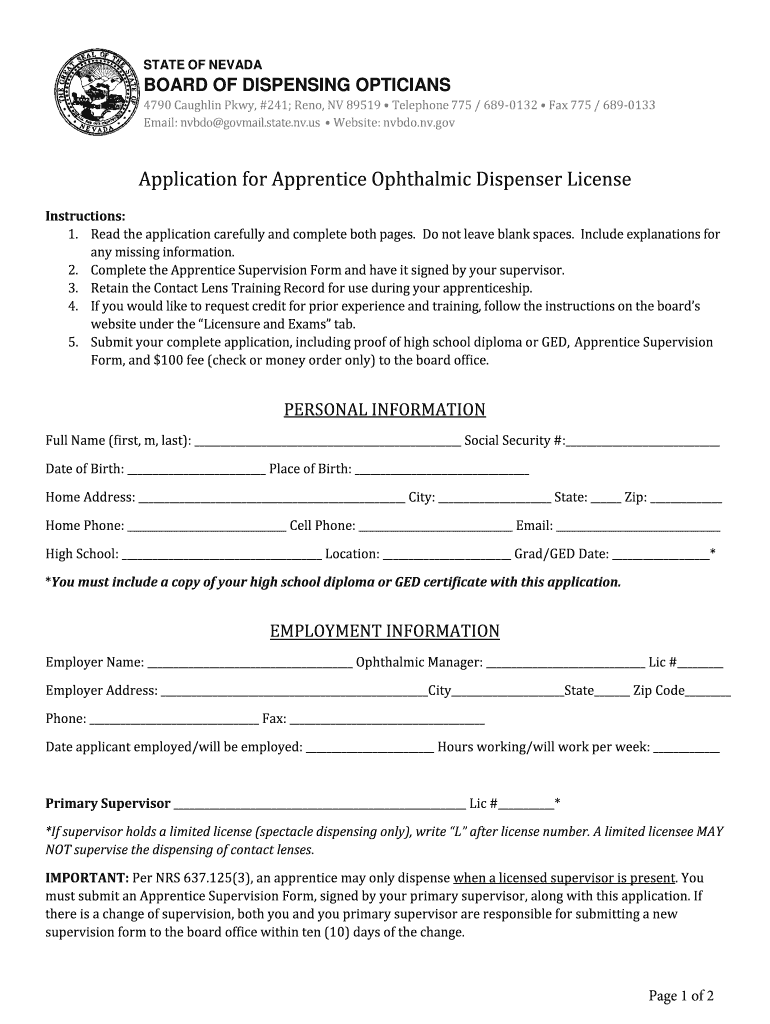Fillable Online Application for Apprentice Ophthalmic Dispenser License ...