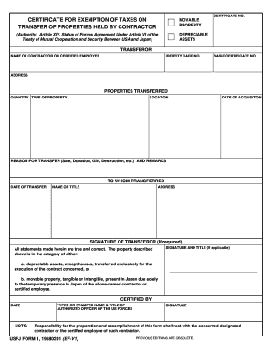 Fillable Online usfj CERTIFICATE FOR EXEMPTION OF TAXES ON MOVABLE ...