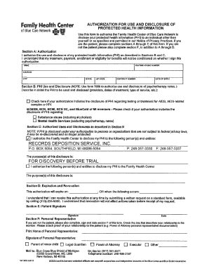 Fillable Online Family Health Center AUTHORIZATION FOR USE AND Fax ...