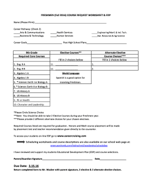 Fillable Online FRESHMEN Fall 2016 COURSE REQUEST WORKSHEET EDP 9th Fax ...