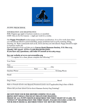 Fillable Online carverscotths Puppy Preschool registration ...