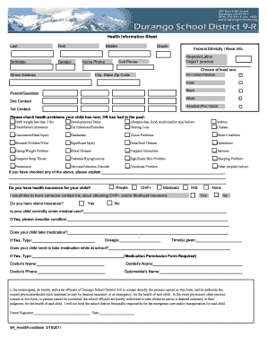 Fillable Online Health Information Sheet - Durango High School Fax ...