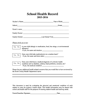 Fillable Online assumptionhigh School Health Record - Assumption High ...