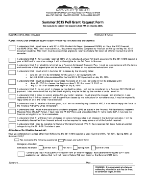 Fillable Online napavalley Summer 2015 Pell Grant Request Form ...