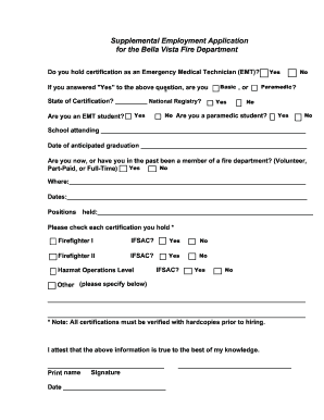 Fillable Online Supplemental Employment Application for the Bella Vista ...