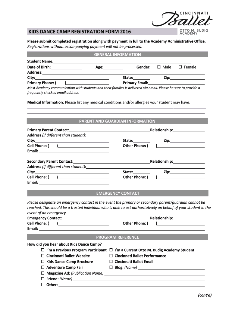 Fillable Online KIDS DANCE CAMP REGISTRATION FORM 2016 - Cincinnati Ballet Fax Email Print ...