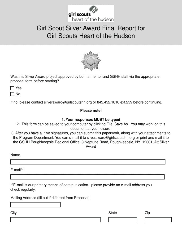 Fillable Online girlscoutshh Girl Scout Silver Award Final Report for ...