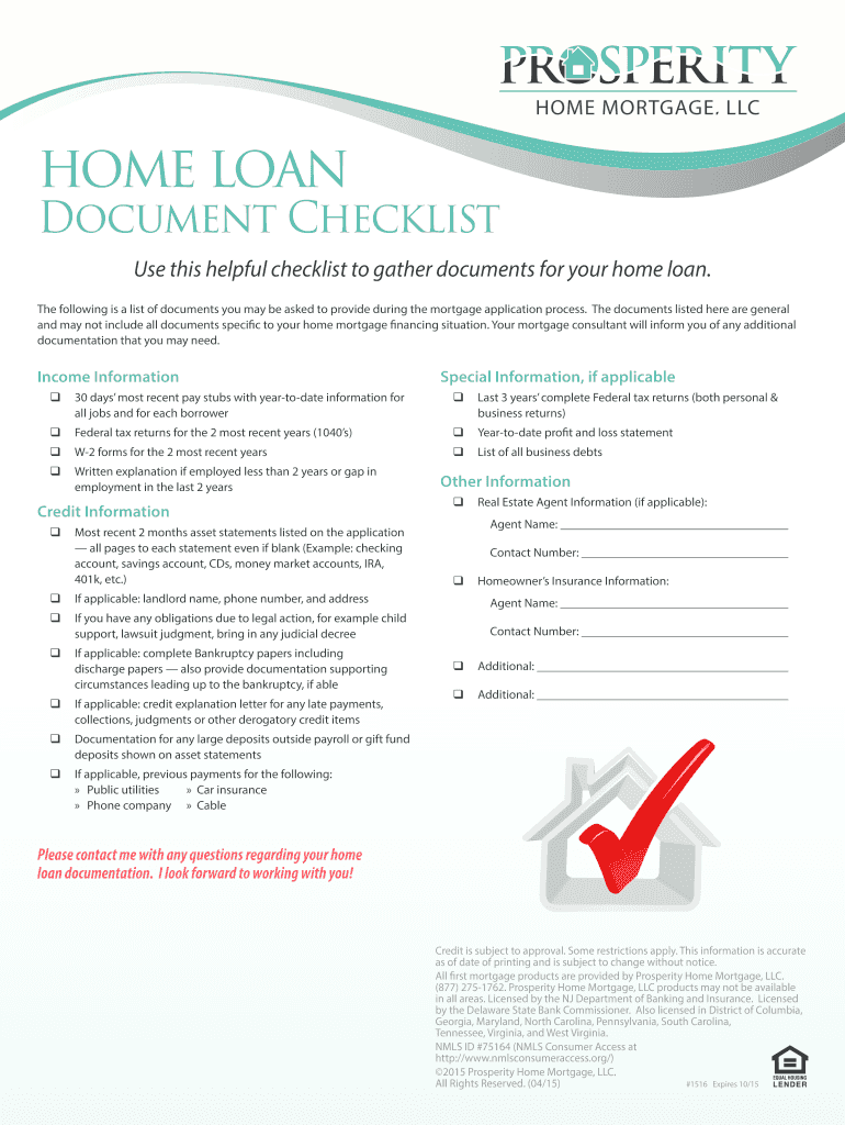 Fillable Online Home Loan Doc Checklist 1516 Expires 10-2015pdf Fax ...