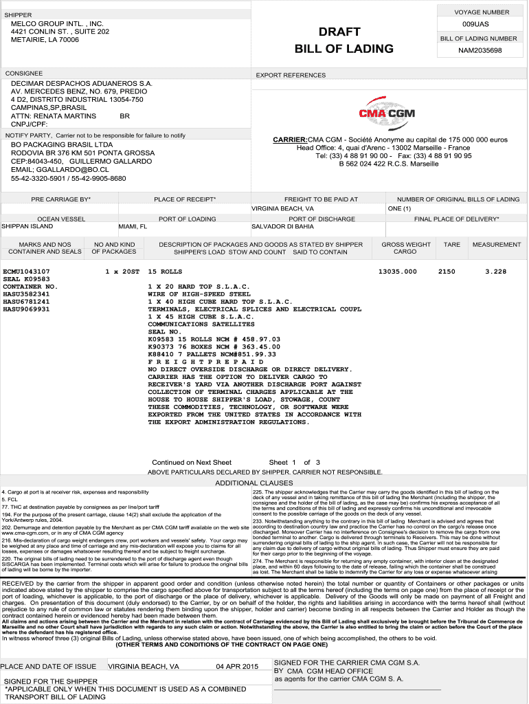 Cma Cgm Bill Of Lading Pdf Fill Online Printable Fillable Blank 
