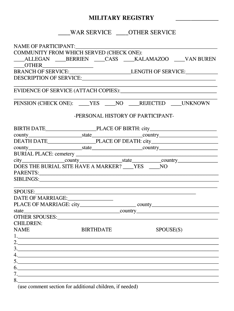 Fillable Online vbrgs MILITARY REGISTRY WAR SERVICE OTHER SERVICE ...