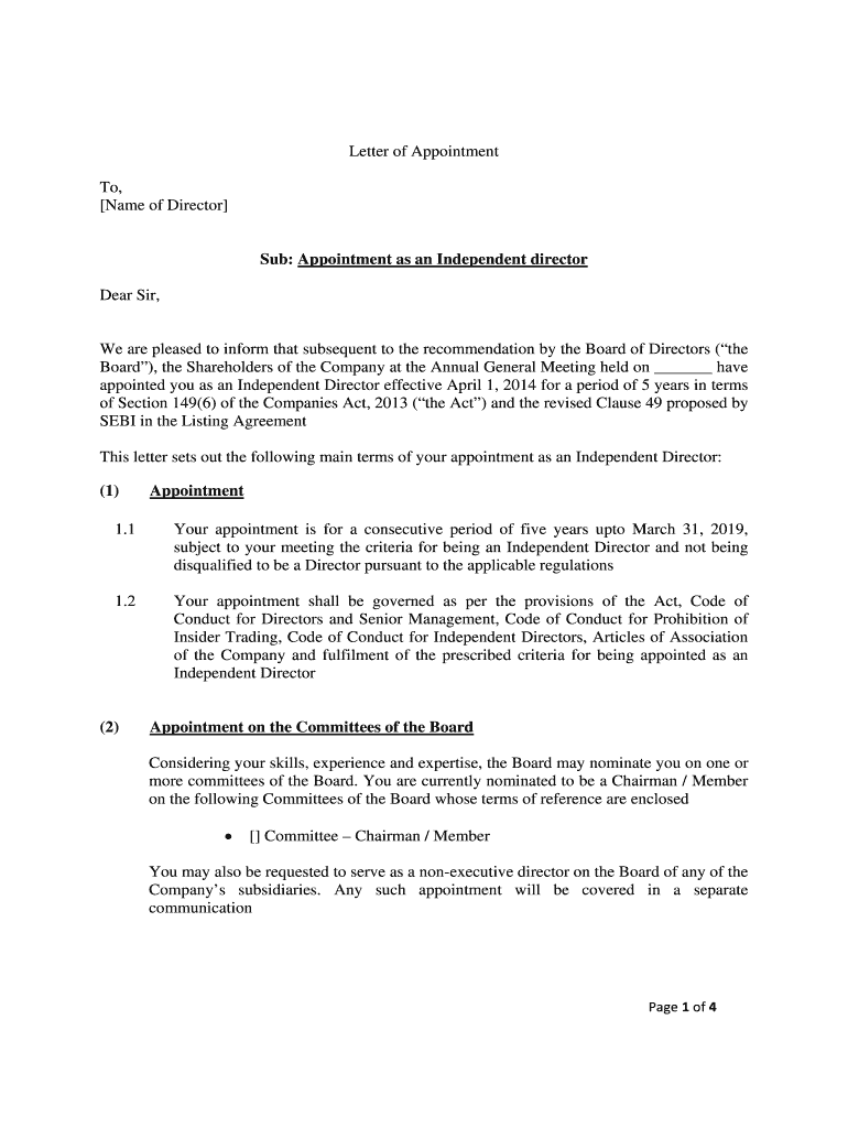 Fillable Online Letter of Appointment Independent Director - 1162014 ...