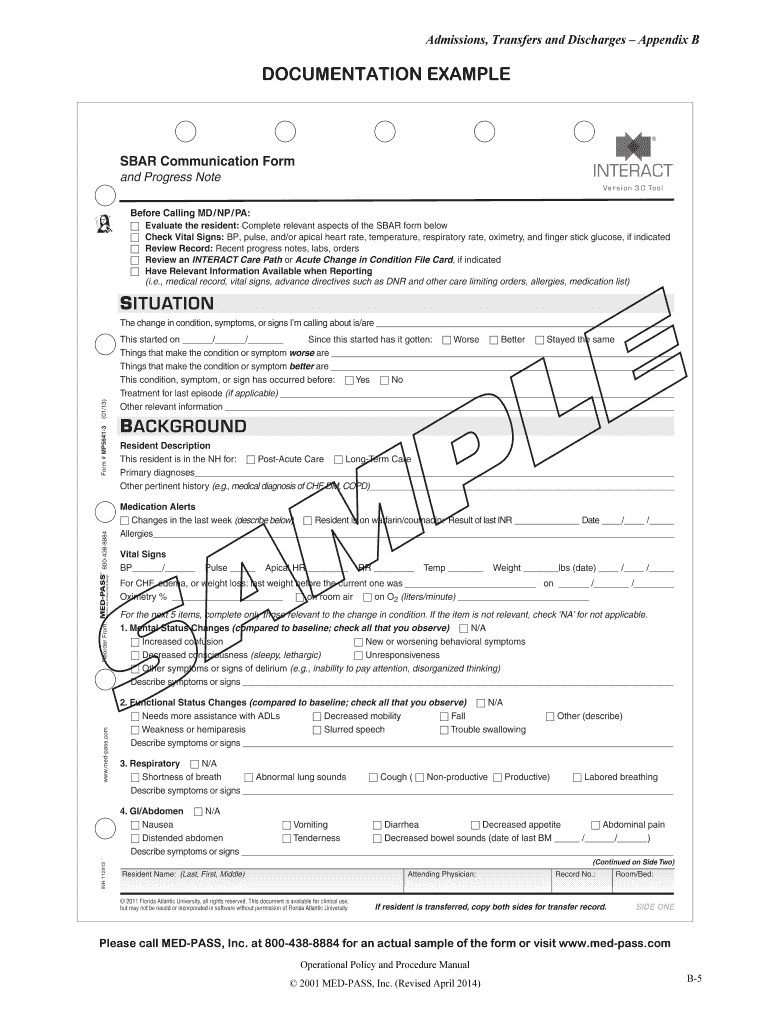 Fillable Online SBAR Communication Form and Progress Note MP5641-3 Fax ...