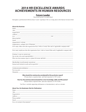 Fillable Online 2014 HR EXCELLENCE AWARDS ACHIEVEMENTS IN HUMAN ...