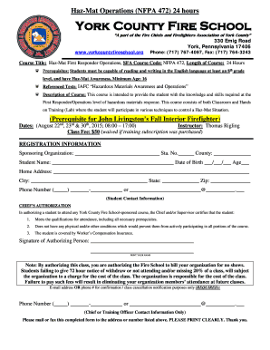 Fillable Online yorkcountyfireschool Course Title HazMat First ...