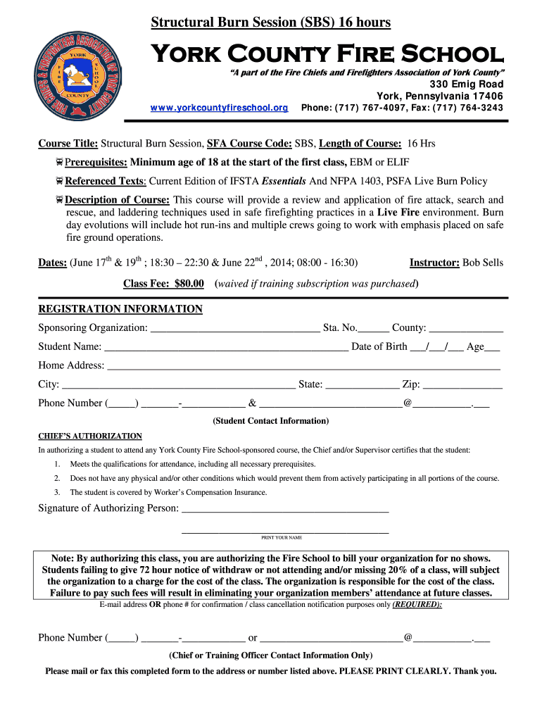 Fillable Online yorkcountyfireschool Structural Burn Session (SBS) 16 ...