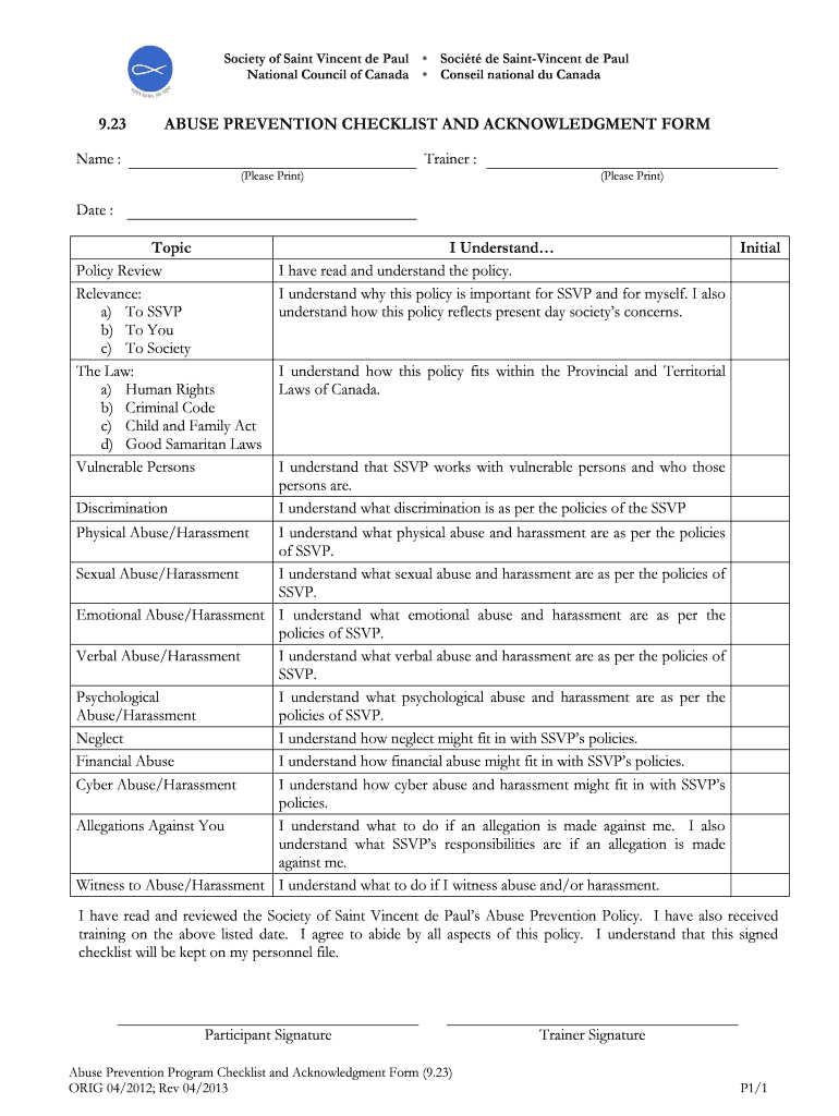 Fillable Online 923 ABUSE PREVENTION CHECKLIST AND ACKNOWLEDGMENT FORM ...