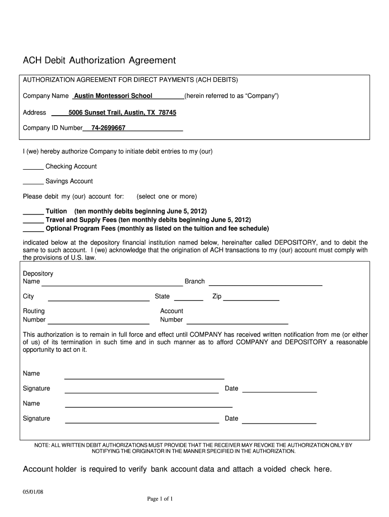 Fillable Online austinmontessori ACH Debit Authorization Agreement ...
