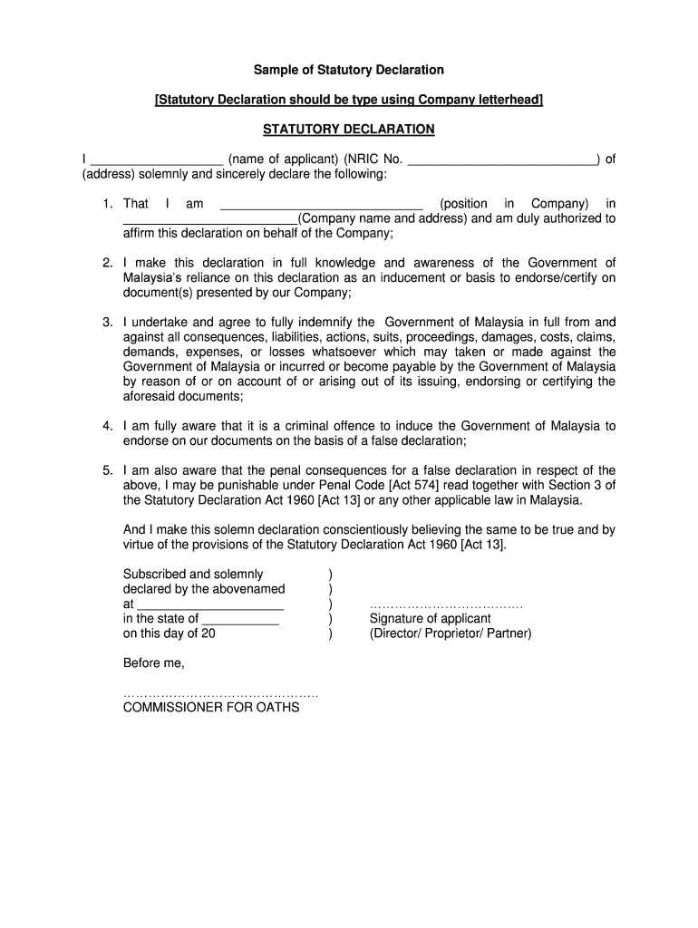 Fillable Online Sample of Statutory Declaration Statutory Declaration ...
