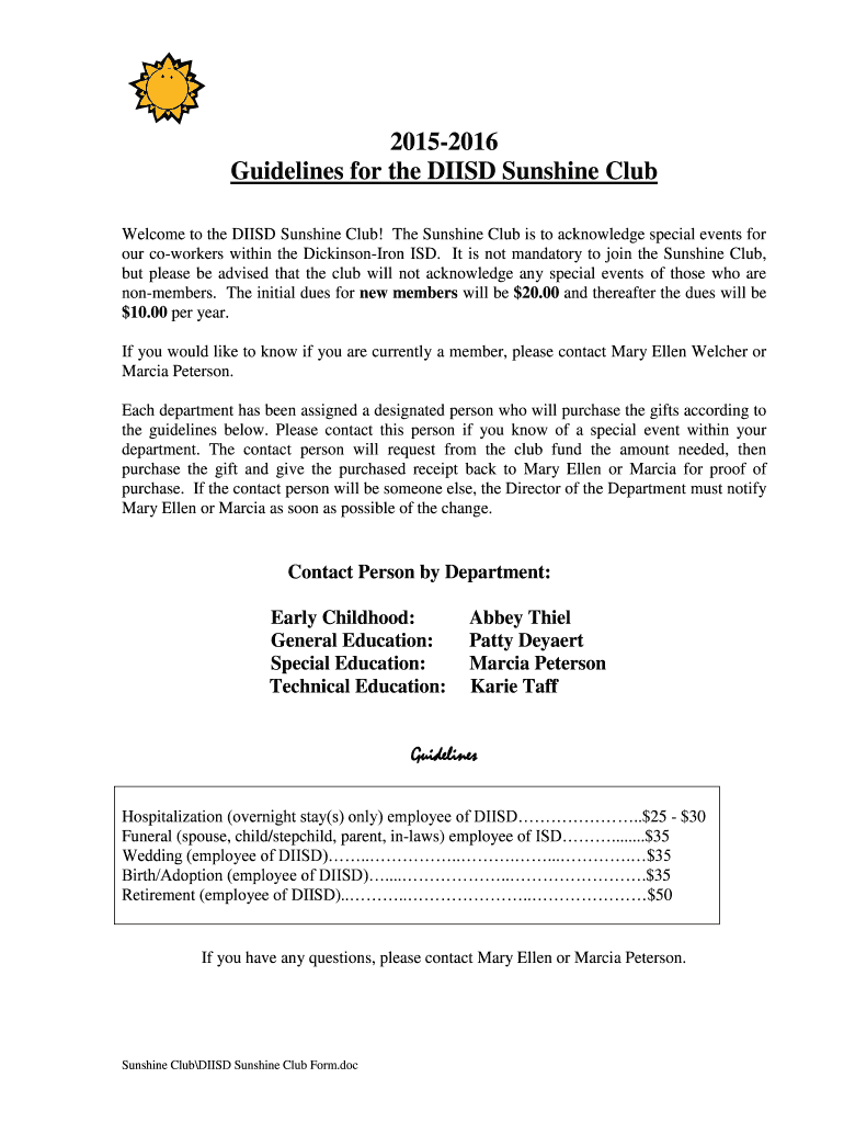 Fillable Online Welcome to the DIISD Sunshine Club Fax Email Print ...