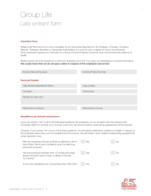 Fillable Online Group Life Late Entrant Form - Generali Fax Email Print ...
