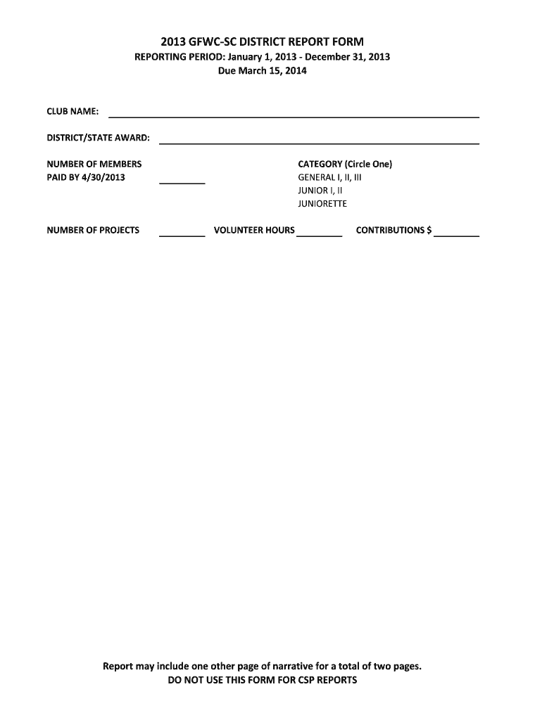 Fillable Online gfwc-sc 2013 GFWC-SC DISTRICT REPORT FORM Fax Email ...
