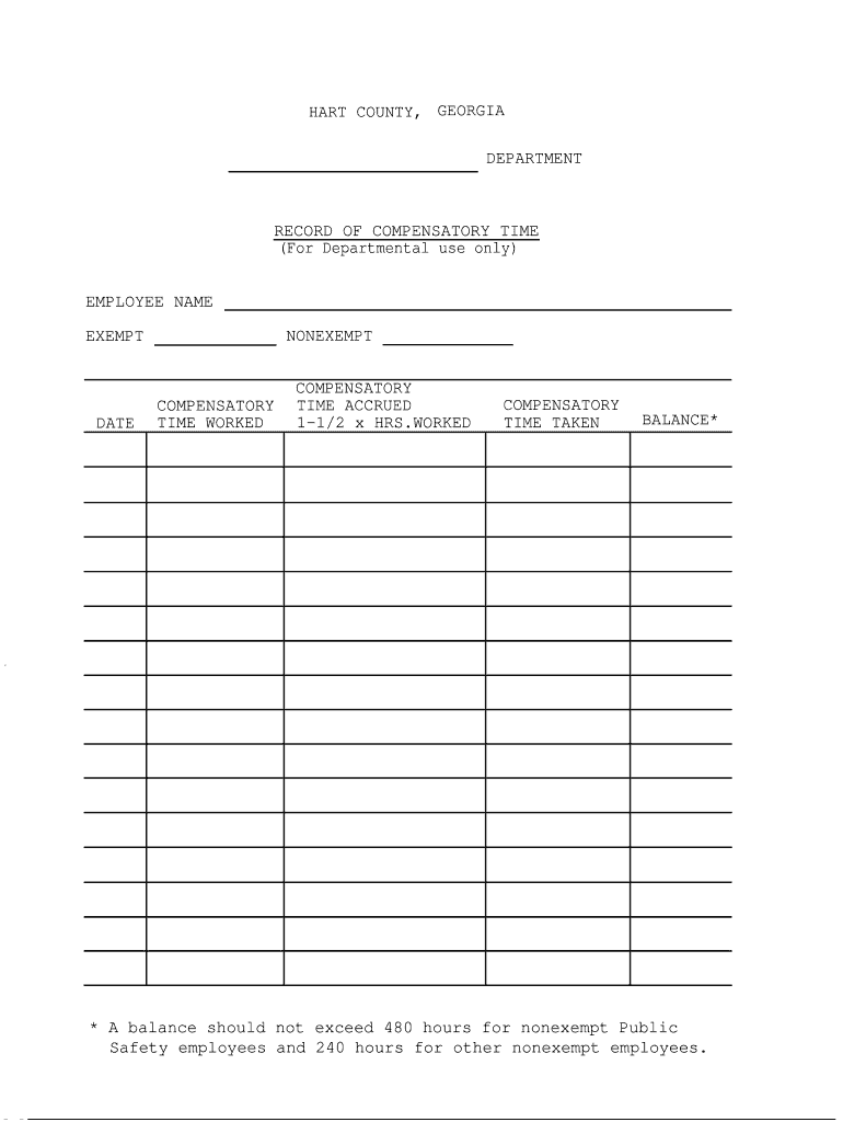 Fillable Online DEPARTMENT RECORD OF COMPENSATORY TIME EMPLOYEE NAME ...