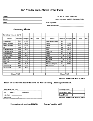 Fillable Online BSS Vendor Cards Scrip Order Form Fax Email Print ...