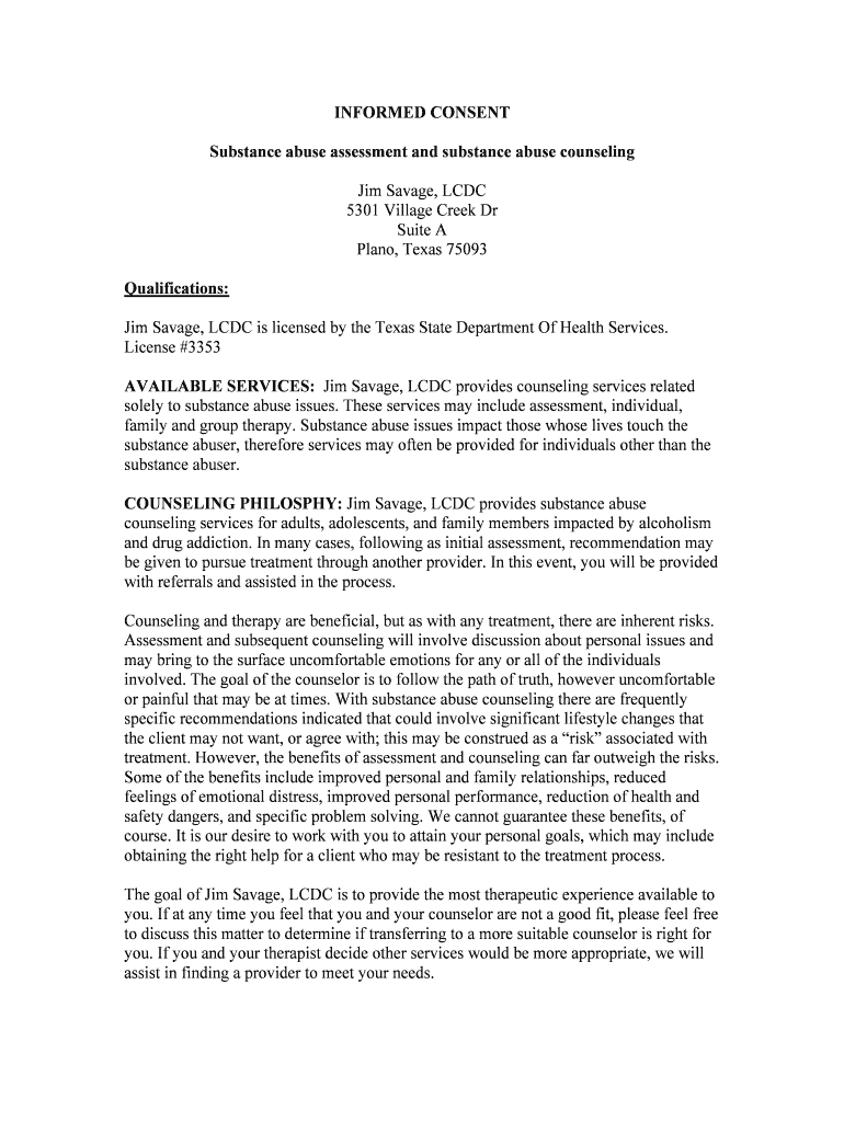 INFORMED CONSENT Substance Abuse Assessment And Substance - Fill and ...