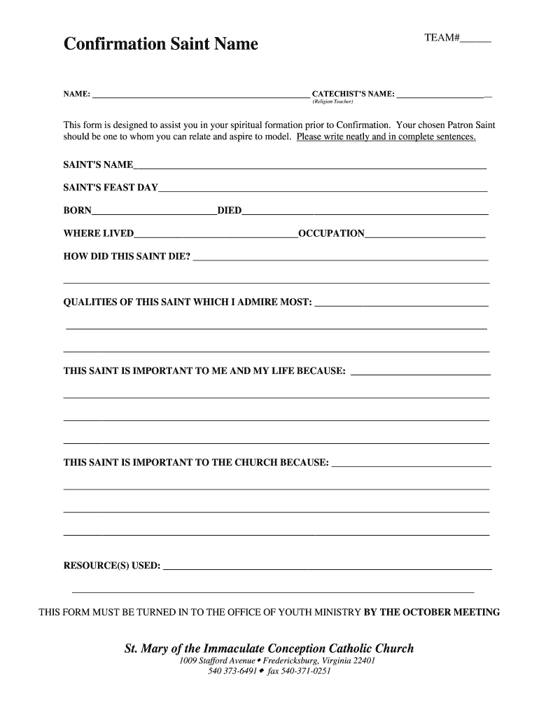 Fillable Online stmaryfred Confirmation Saint Name - Saint Mary of the ...