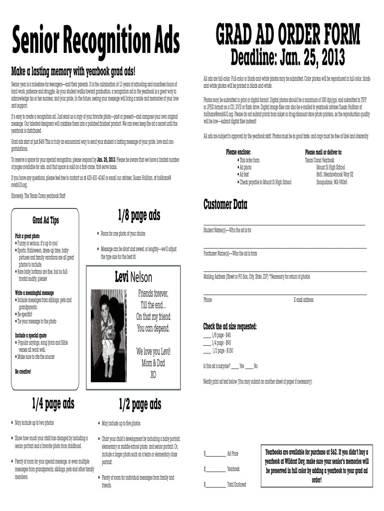 Fillable Online svsd schoolwires Senior Recognition Ads GrAD AD orDer ...
