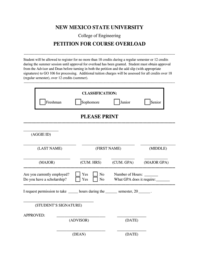 Fillable Online PETITION FOR COURSE OVERLOAD Fax Email Print - pdfFiller