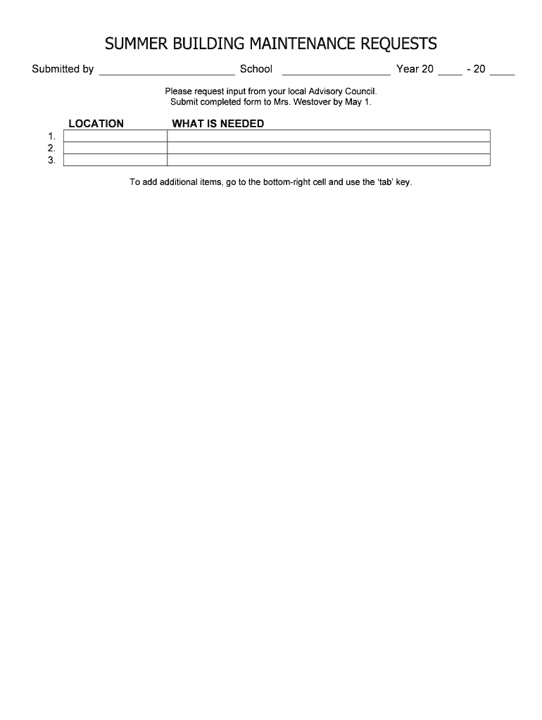 Fillable Online valentinecommunityschools Summer maintenance requests ...