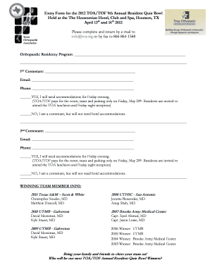 Fillable Online toa Entry form 2012 TOA Resident Quiz Bowl Fax Email ...