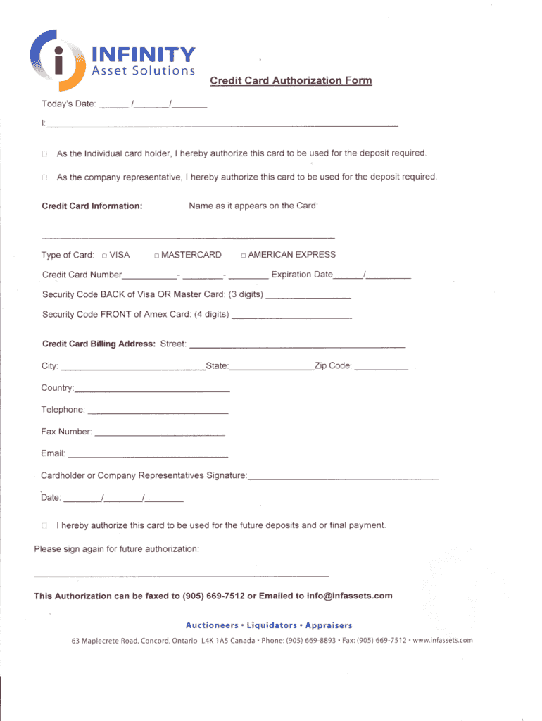 Fillable Online INFINITY IJJ Asset Solutions Credit Card Authorization Form Fax Email Print ...