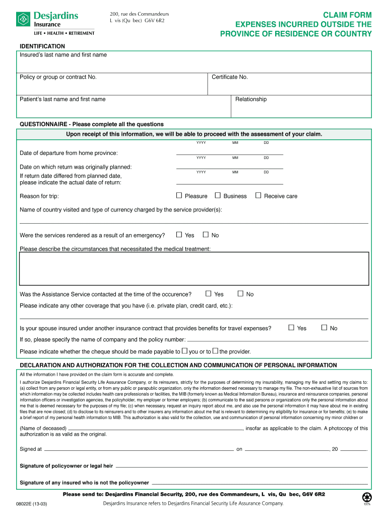 Fillable Online static johnson Claim form - Expenses incurred outside ...