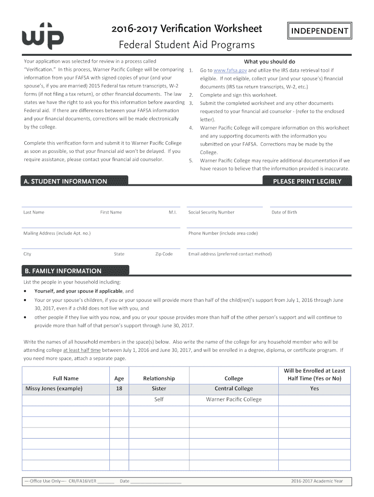 Fillable Online warnerpacific Independent Verification bWorksheetb ...