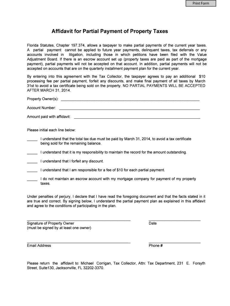 Fillable Online Affidavit for Partial Payment of Property Taxes - Fax ...