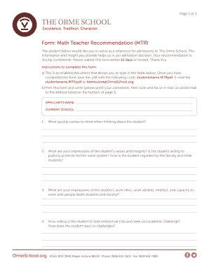 Fillable Online ormeschool Form Math Teacher Recommendation MTR - ormeschoolorg Fax Email Print ...
