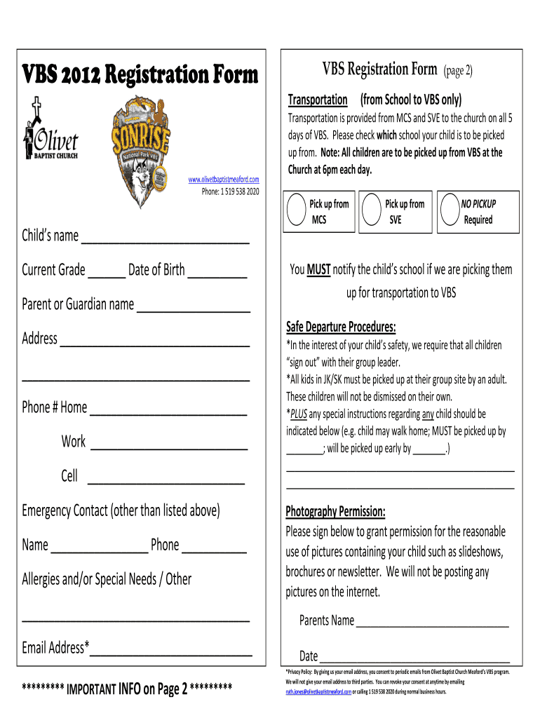 Fillable Online VBS 2012 Registration Form. VBS 2012 Registration Form ...