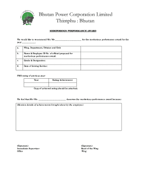 Fillable Online MERITORIOUS PERFORMANCE AWARD - Bhutan Power ...